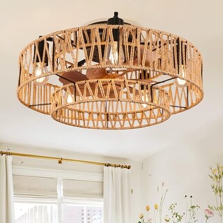 20 Inch Black Double Layer Paper Rope Style Ceiling Fan - N/A - Bed ...