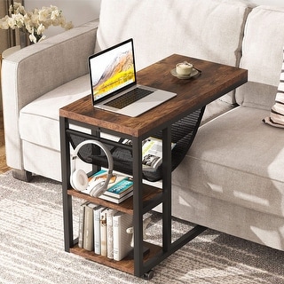 C Shaped Side Table Slide Under Sofa Couch with Wheels Bedside End ...