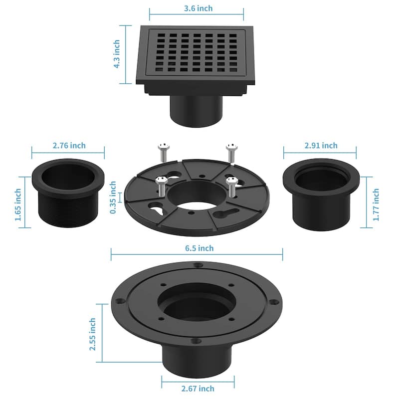 4 Inch Square Shower Floor Drain, Matte Black High Flow Shower Drain ...