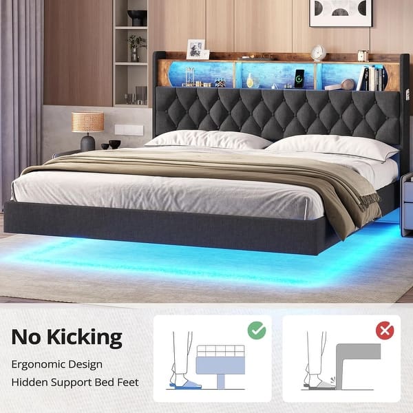 Bed Frame LED Light Storage Headboard Charging Station Floating - Bed ...