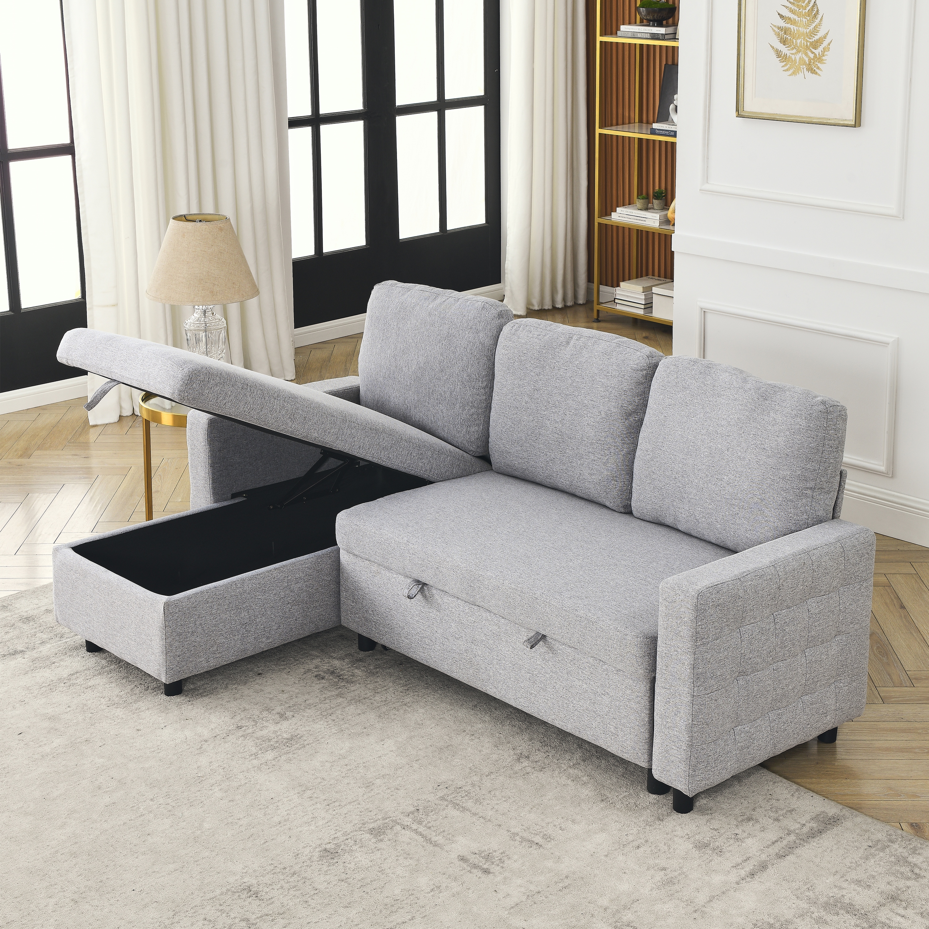 78.5 Comfortable Linen Reversible L Shaped Combo Sofa Bed with Pullout Bed Light Gray