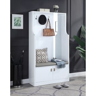 Contemporary White High Gloss Finish Hall Tree with 3 Hooks, Mirror ...