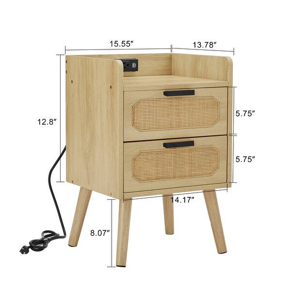 Wood Natural Handmade Rattan Bedside Tables with Socket and 2 USB Ports ...