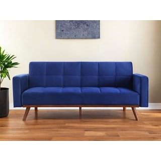 HomeRoots 76" Blue Velvet Convertible Futon Sleeper Sofa With Brown ...