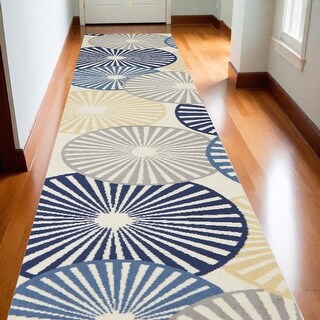 HomeRoots 10' Runner Ivory Blue and Gray Geometric Power Loom Runner ...
