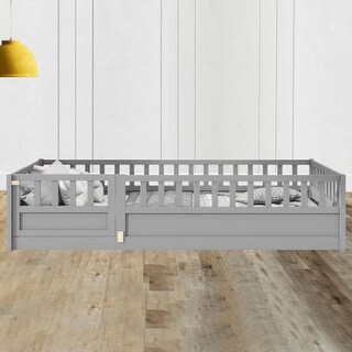 Twin Size Floor Bed Frame with Secure Fence, Pine Wooden Design, and ...
