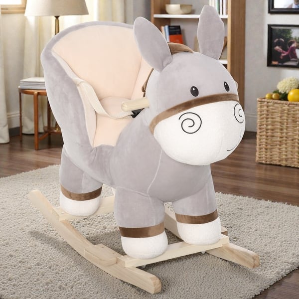 Kids Plush Rocking Donkey Ride On Toy with Sound Wood Base Safety Belt ...