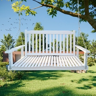 White Wood Bench Swing with Hanging Chains for Outdoor Patio - Bed Bath ...