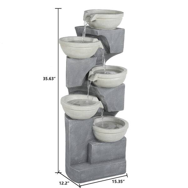 Five Bowl Grey Resin Cascading Outdoor Fountain with LED Lights, 35 ...