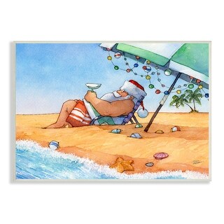 Stupell Santa Claus Lounging Beach Umbrella Seaside Christmas Wood Wall ...