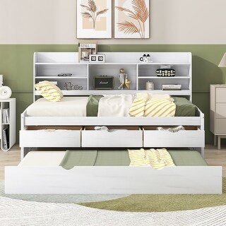Twin Size Wooden Captain Bed w/ Trundle Low Loft Bed Frame,Bookshelves ...