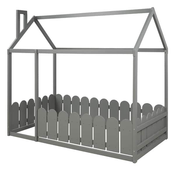 Playhouse Twin Bed with Roof and Fence, Semi-Enclosed Space for Play ...