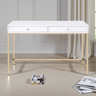 20" High Gloss Vanity Desk with 2 Drawers and Gold Metal Base - Bed ...