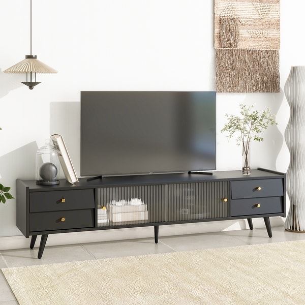 TV Stand TV Console with Sliding Fluted Glass Doors and Slanted Drawers ...