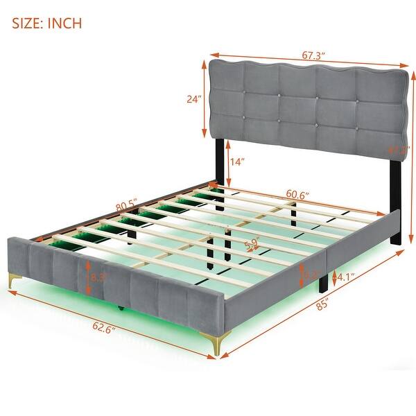Queen Size Velvet Platform Bed with LED Frame and Stylish Mental Bed ...