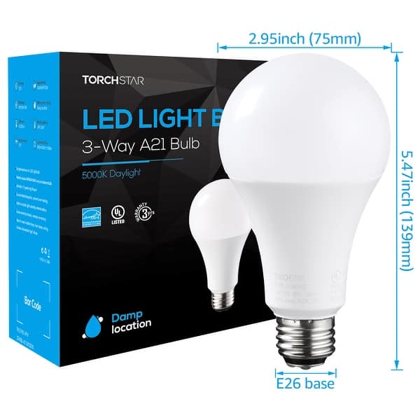 LED 3-Way A21 Bulb, E26 Base, 40/60/100W Equivalent, 5000K Daylight ...