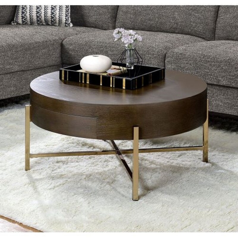 Round Wood Coffee Table With Hidden Storage Metal Legs Drum Coffee Table For Living Room