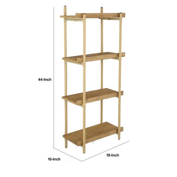 44 Inch Modern Wood Four Tier Shelf, Natural Rattan Braiding, Gold ...