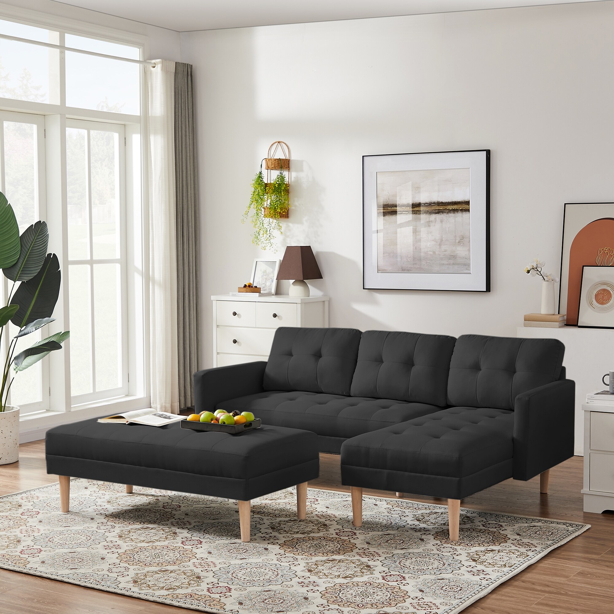 L shape Sectional Sofa with Chaise Lounge Ottomans Bench Corner Sofa Beige