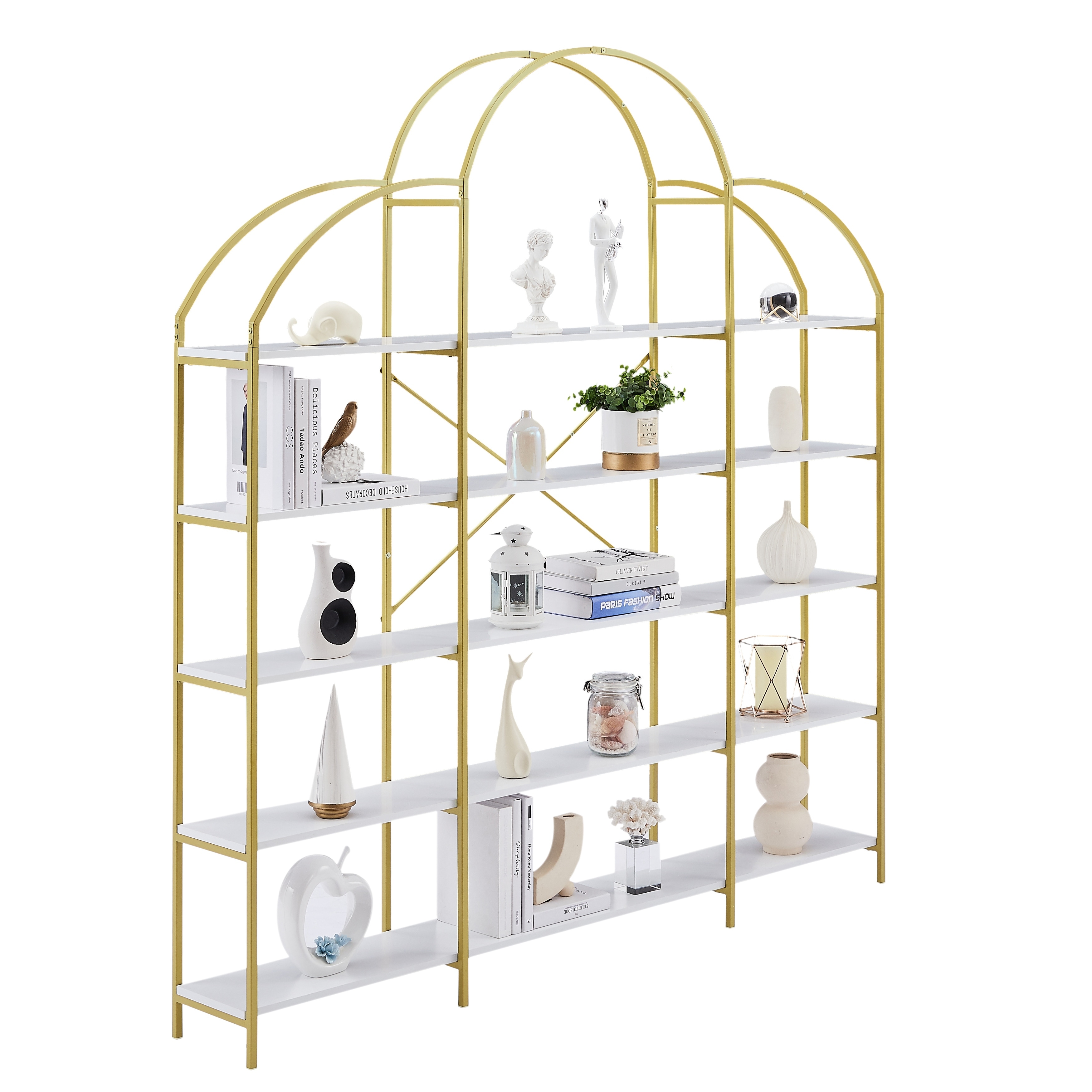 5 Tiers Office Bookshelf,Display Shelf with Round Top,X Bar Gold Frame ...