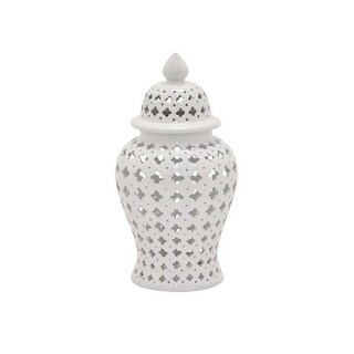 Deni 18 Inch Temple Jar with Lid, Pierced Carved Lattice Design, White ...