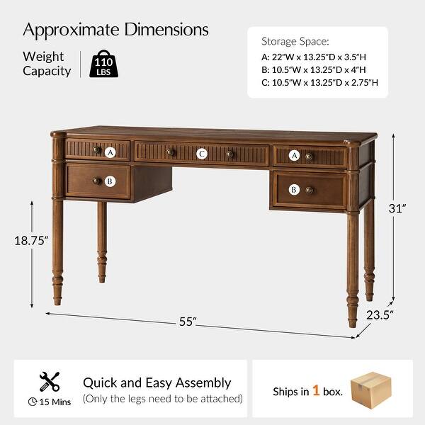 HULALA HOME Derk 55''W Transitional 5-Drawer Fluted Simple Assembly ...