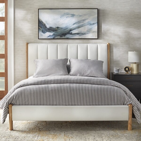 Lifestorey Allerton Upholstered Platform Queen Bed with Solid Wood Legs White Velvet