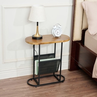 Oval Narrow Side Table End Table Set of 2 with Magazine Rack, Brown ...