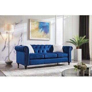 3-Seat Blue Rolled Arms Sofa Button Tufted Loveseat Sofa Sleeper Sofa ...