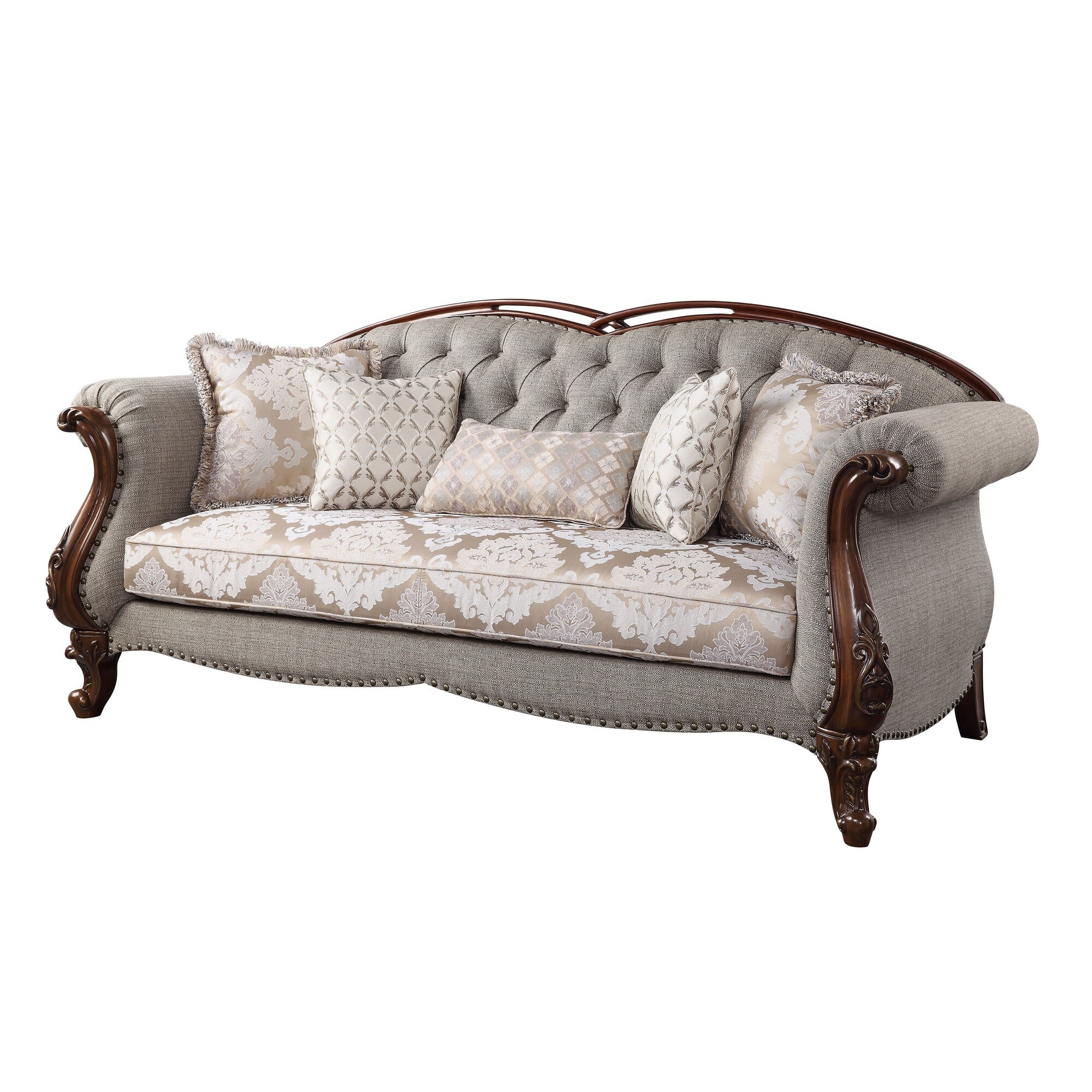 Sofa with Button Tufted Back and Queen Anne Legs Gray and Brown