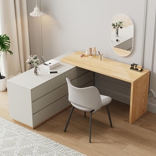 55.2 Inch White Corner L-Shaped Dressing Table with 6 Drawers Perfect ...