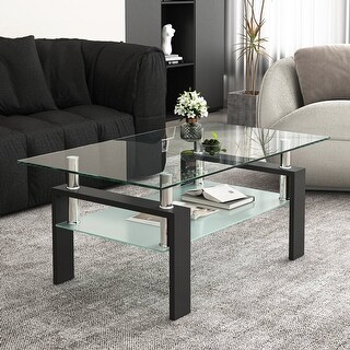 Rectangular Glass Coffee Table, Wood Tempered Glass Top Coffee Table ...