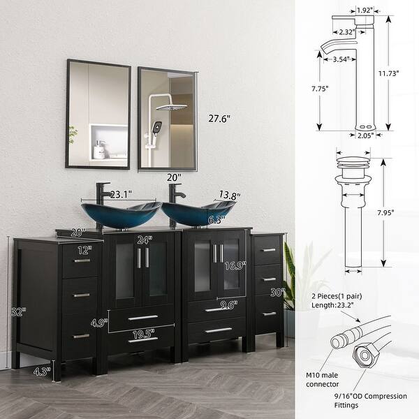 72" Bathroom Vanity Set Glass Ceramic Vessel Sink Side Cabinet Mirror ...