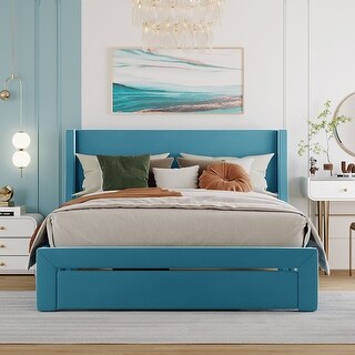 Queen Velvet Upholstered Storage Platform Bed with Drawer & Headboard ...