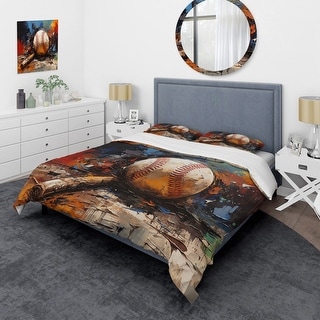 Designart "Baseball Collage II" White Traditional - Bed Cover Set With ...