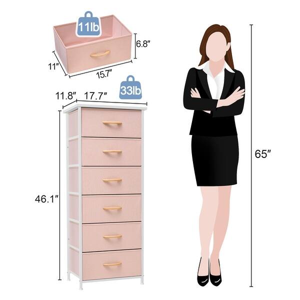 6 Drawers Chest - Vertical Storage Tower Steel / Wood / Fabric Dresser ...