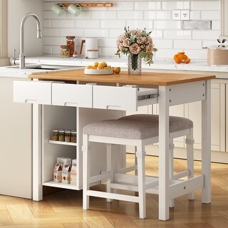 Rubber Wood Stationary Kitchen Island Set with 2 Stools, White - Bed ...