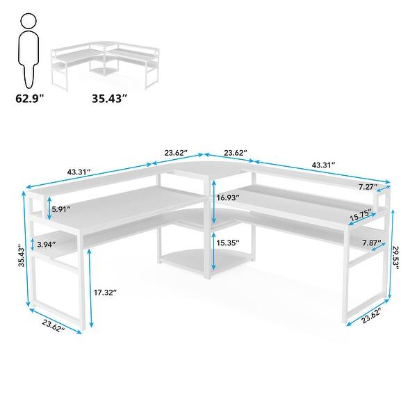 Large L-Shaped Computer Desk with Storage Shelves and Monitor Riser ...