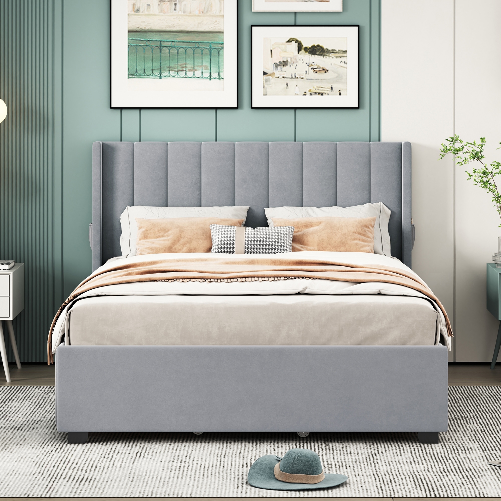 Modern Full Size Velvet Upholstered Bed Frame with Rivet Design, Wooden ...