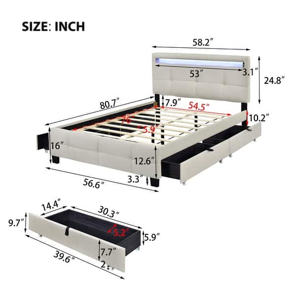 Beige Full Size Bed Frame with 4 Storage Drawers and LED Lights ...