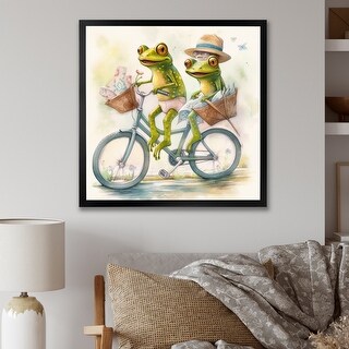 Designart "Green Frogs Riding A Bike" Animal Frog Framed Canvas Art ...