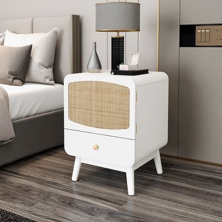 White Rounded-corner Bedside Table with Storage Drawe & Natural Rattan ...