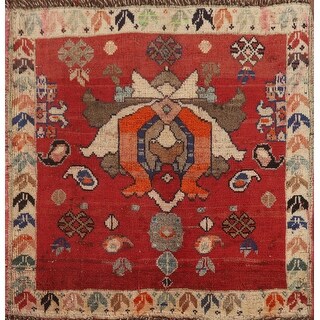 Floral Red Shiraz Persian Vintage Square Rug Hand-Knotted Wool Carpet ...