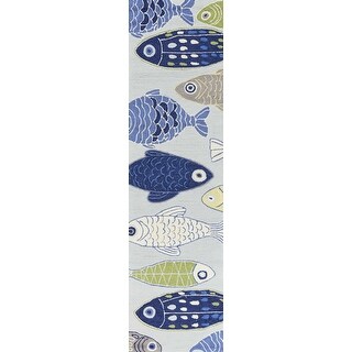 HomeRoots 8' Light Blue Hand Hooked Oversized Sea Of Fish Runner Rug ...