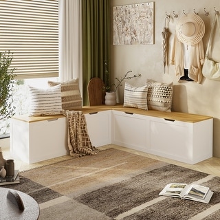 Corner Entryway Bench w/Hidden Storage White Oak Finish Shoe Cabinet ...
