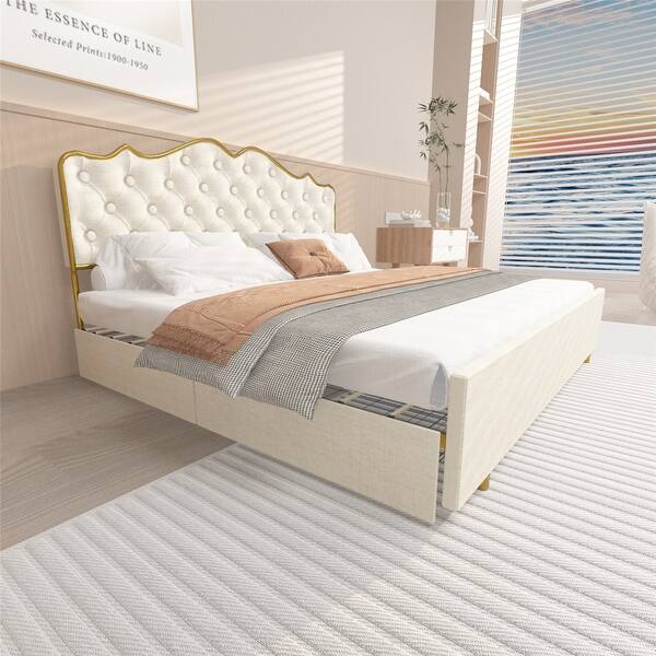 Metal Bed Frame with Buckle Shaped Backrest and 4 Storage Drawers - Bed ...