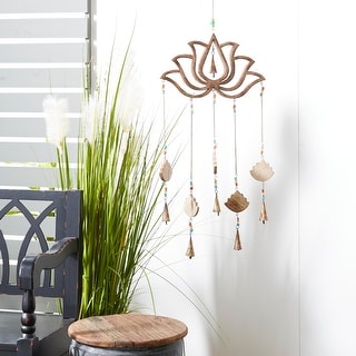 Gold Mango Wood Lotus Floral Windchime with Glass Beads and Cone Bells ...