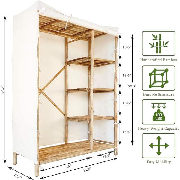 Bamboo Wardrobe Closet Organizer with Shelves and Fabric Cover - Bed ...