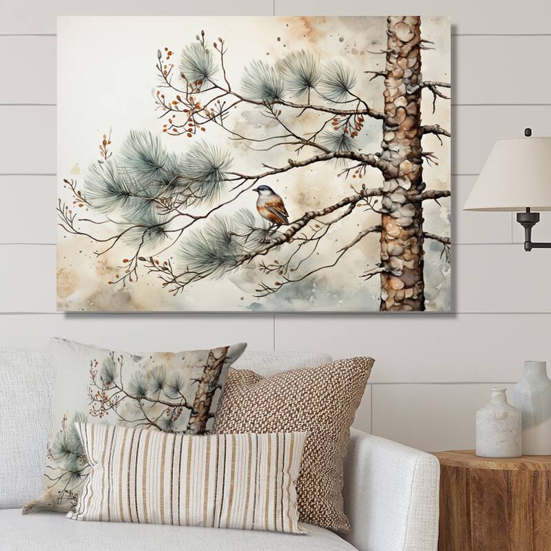 Designart "Bird On Pine Tree II" Animals Canvas Art Print - Overstock ...