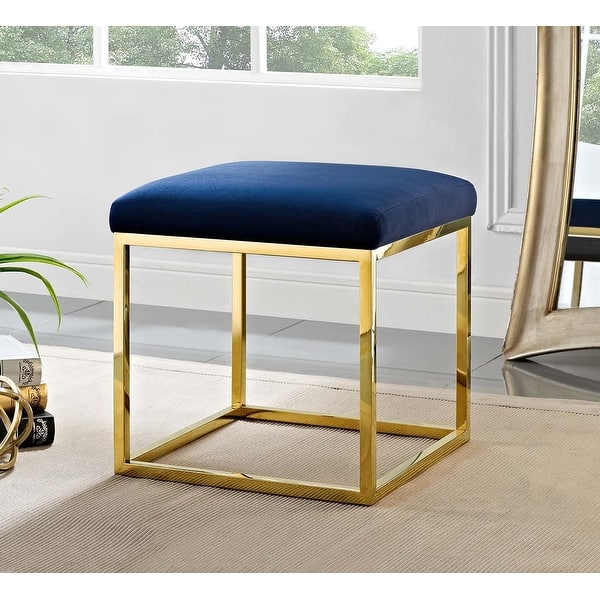 Toland Blue Velvet Upholstered Square Ottoman with Gold Metal Frame ...
